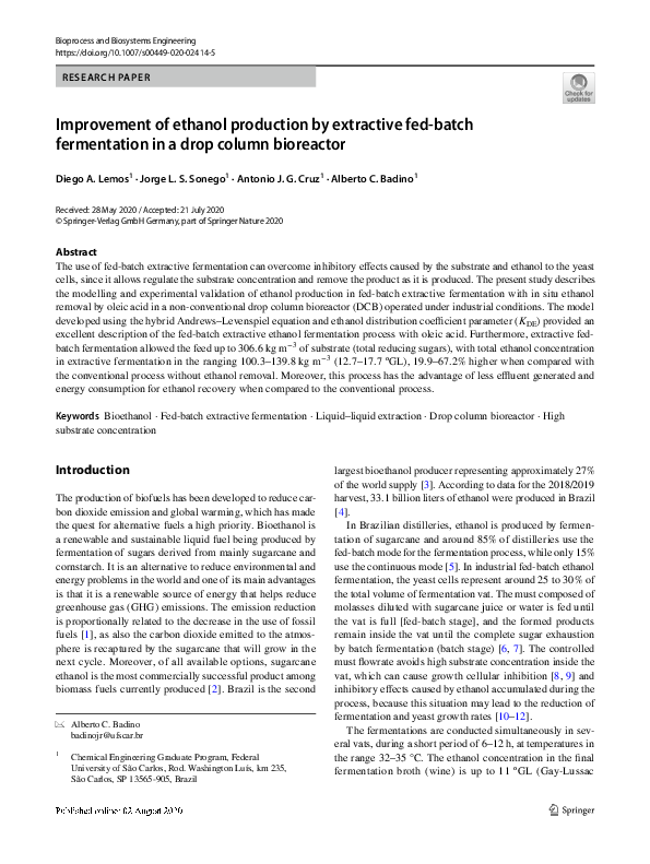 Pdf Improvement Of Ethanol Production By Extractive Fed Batch Fermentation In A Drop Column