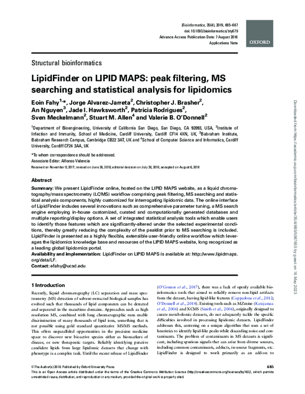 (PDF) LipidFinder on LIPID MAPS: peak filtering, MS searching and statistical analysis for ...