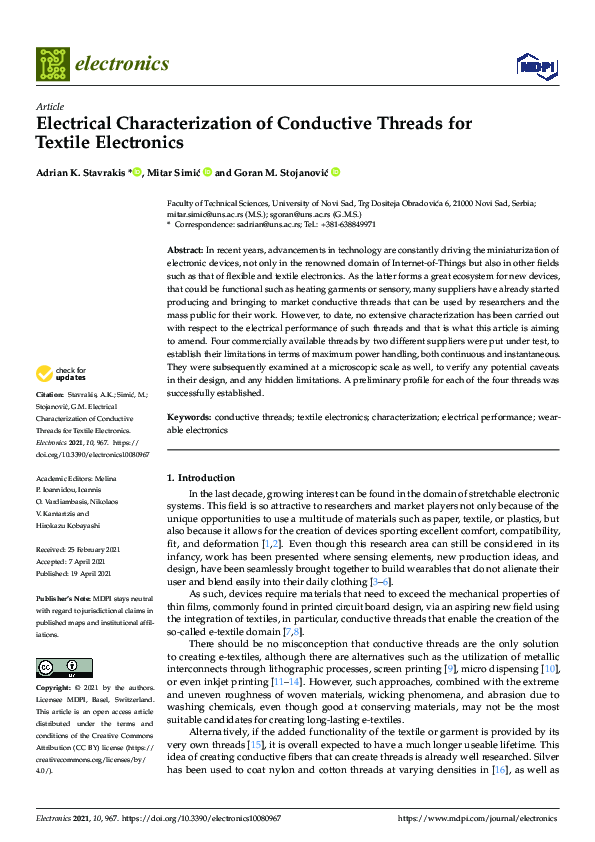 Electrical Characterization of Conductive Threads for Textile Electronics