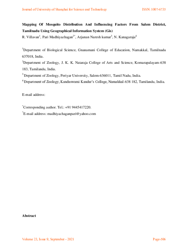 (PDF) Mapping Of Mosquito Distribution And Influencing Factors From Salem District, Tamilnadu ...