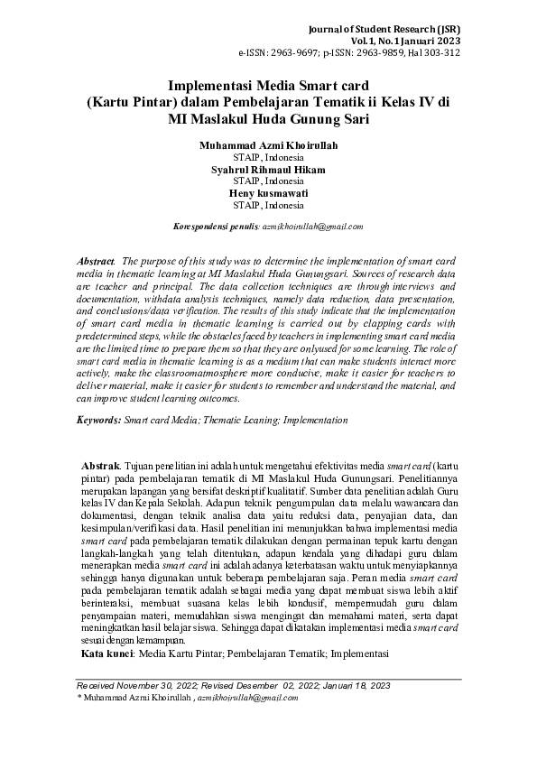 (PDF) Implementasi Media Smart card (Kartu Pintar) dalam Pembelajaran Tematik ii Kelas IV di MI ...