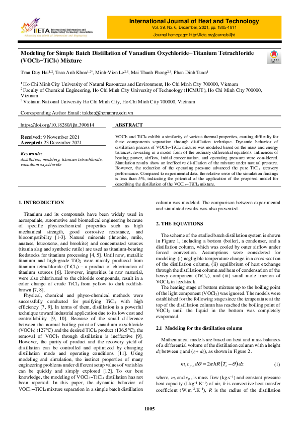 (PDF) Modeling for Simple Batch Distillation of Vanadium Oxychloride ...
