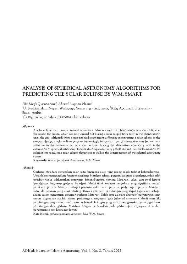 (PDF) Analysis of Spherical Astronomy Algorithms for Predicting the ...