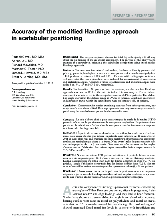 (PDF) Accuracy of the modified Hardinge approach in acetabular positioning