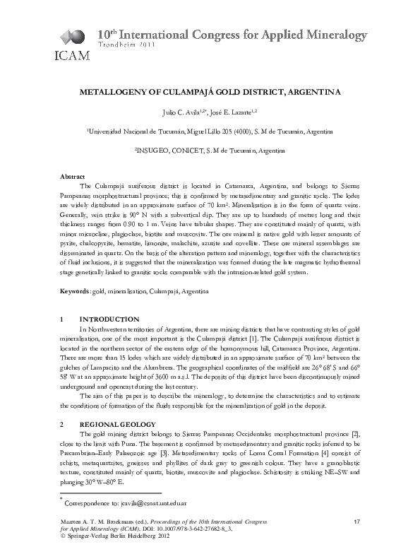 (PDF) Metallogeny Of Culampajá Gold District, Argentina | JULIO CESAR ...