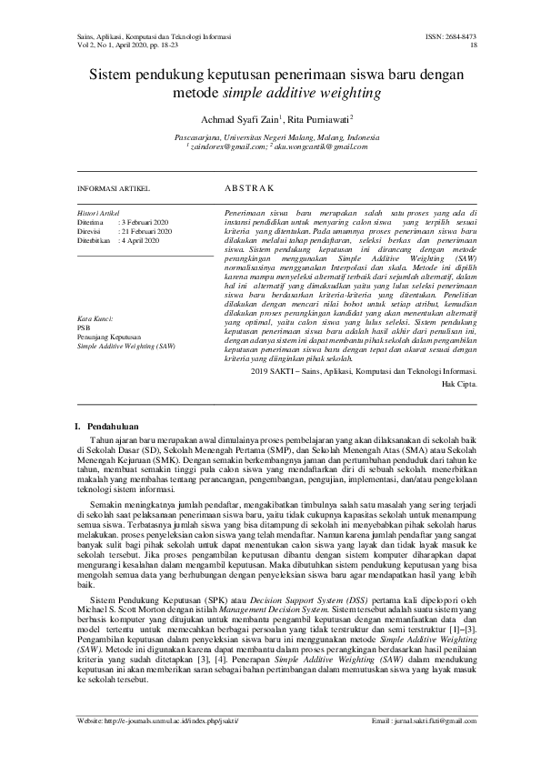 (PDF) Sistem Pendukung Keputusan Penerimaan Siswa Baru dengan Metode Simple Additive Weighting