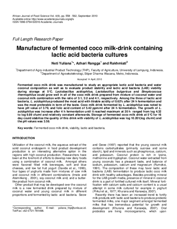 (PDF) Manufacture of fermented coco milk-drink containing lactic acid ...