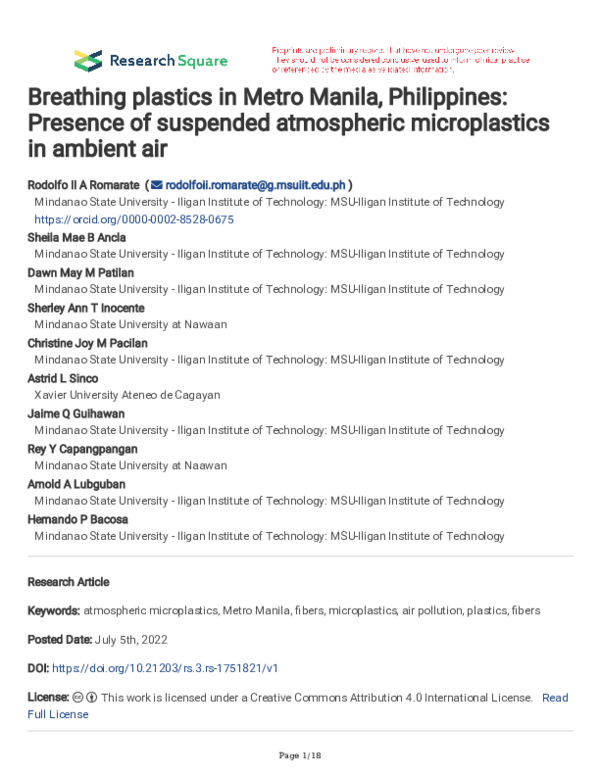 (PDF) Breathing plastics in Metro Manila, Philippines: Presence of suspended atmospheric ...