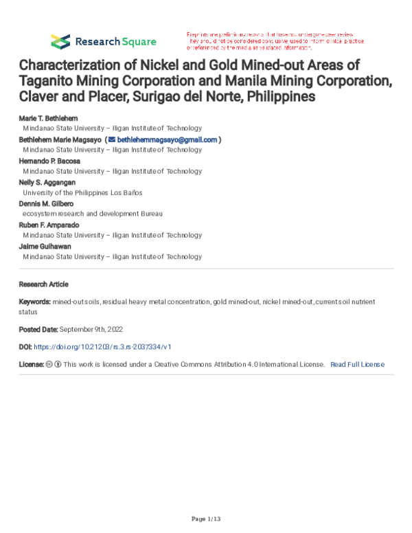 (PDF) Characterization of Nickel and Gold Mined-out Areas of Taganito ...