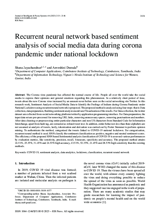 (PDF) Recurrent neural network based sentiment analysis of social media data during corona ...