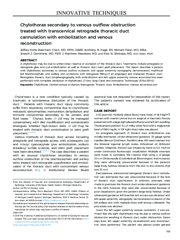 (PDF) Chylothorax secondary to venous outflow obstruction treated with ...