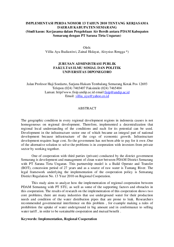 (PDF) IMPLEMENTASI PERDA NOMOR 13 TAHUN 2010 TENTANG KERJASAMA DAERAH KABUPATEN SEMARANG (Studi ...