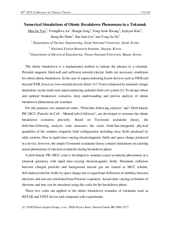 (PDF) Numerical Simulations of Ohmic Breakdown Phenomena in a Tokamak
