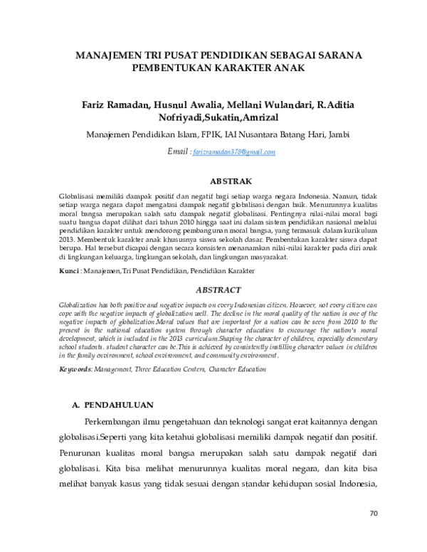 (PDF) MANAJEMEN TRI PUSAT PENDIDIKAN SEBAGAI SARANA PEMBENTUKAN KARAKTER ANAK