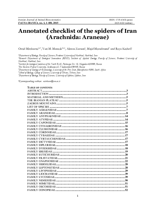 (PDF) Annotated checklist of the spiders of Iran (Arachnida: Araneae)