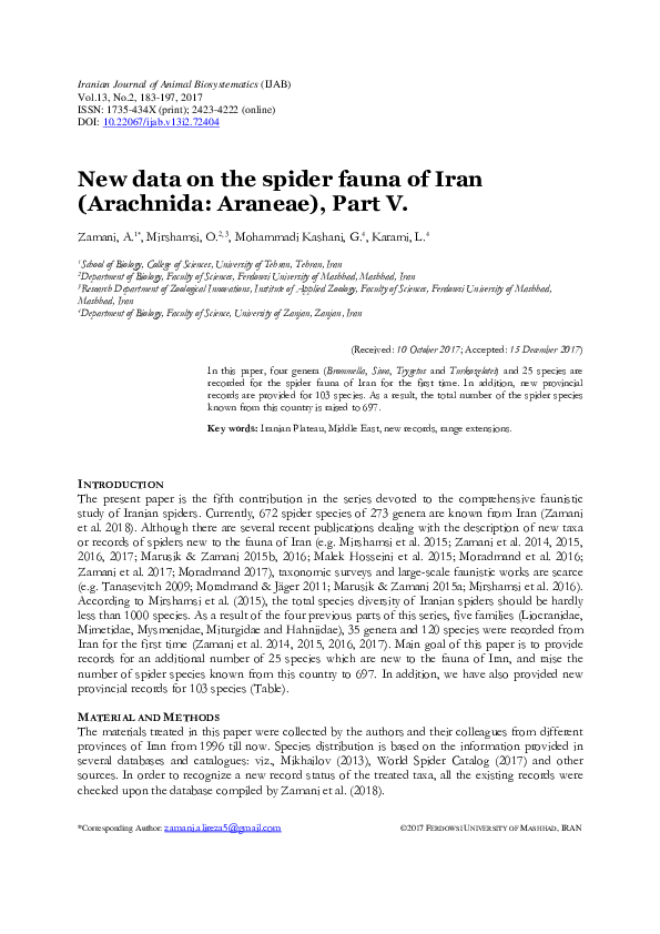 (PDF) New data on the spider fauna of Iran (Arachnida: Araneae), Part V