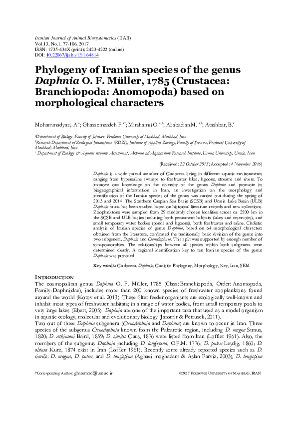 (PDF) Daphnia O. F. Müller, 1785 (Crustacea: Branchiopoda: Anomopoda ...