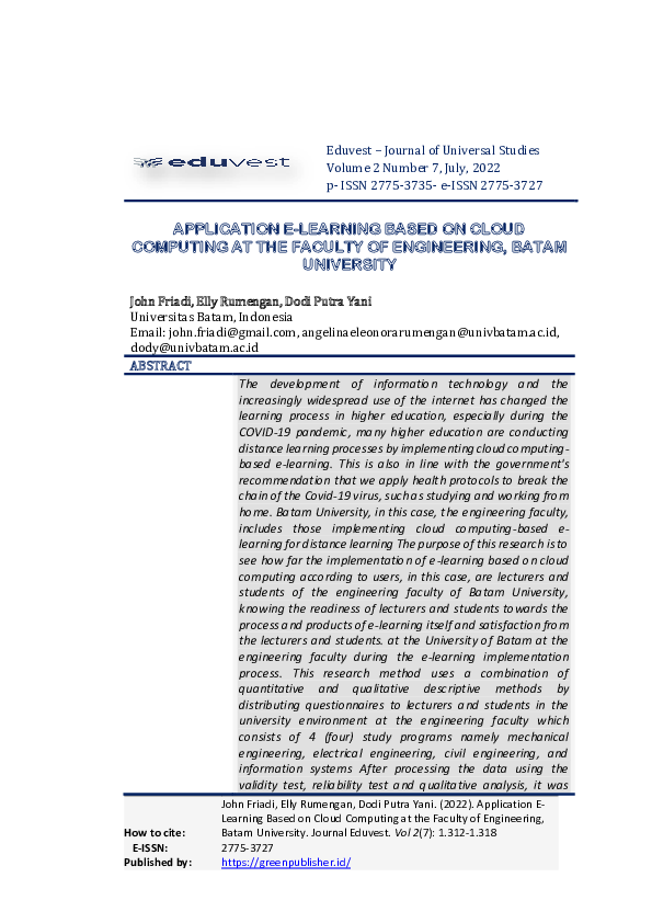 (PDF) Application E-Learning Based on Cloud Computing at the Faculty of Engineering, Batam ...