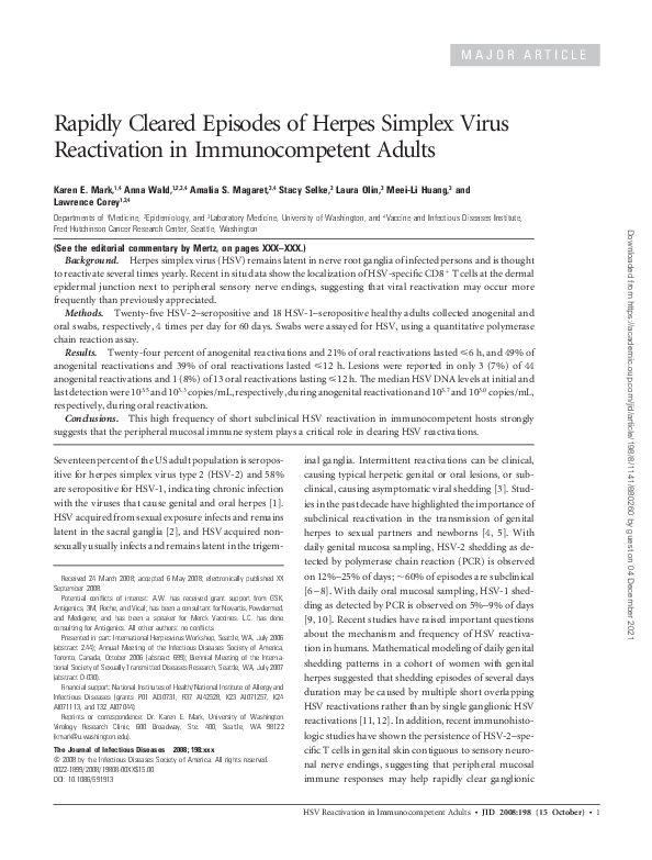 (PDF) Rapidly Cleared Episodes of Herpes Simplex Virus Reactivation in ...