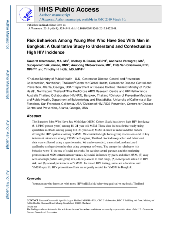 (PDF) Risk Behaviors Among Young Men Who Have Sex With Men in Bangkok ...