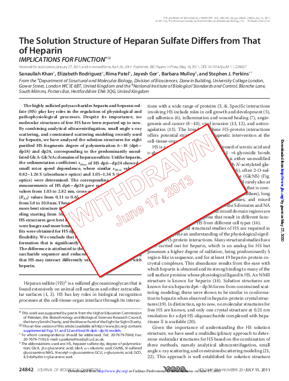 (PDF) The Solution Structure of Heparan Sulfate Differs from That of ...