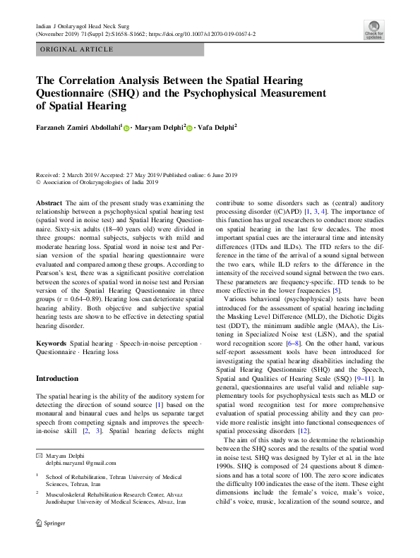 Pdf The Correlation Analysis Between The Spatial Hearing Questionnaire Shq And The