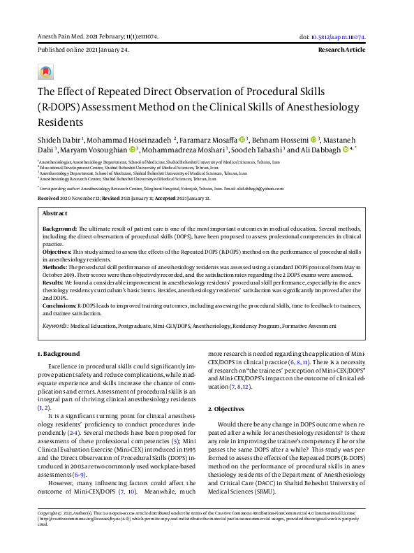 (PDF) The Effect of Repeated Direct Observation of Procedural Skills (R ...