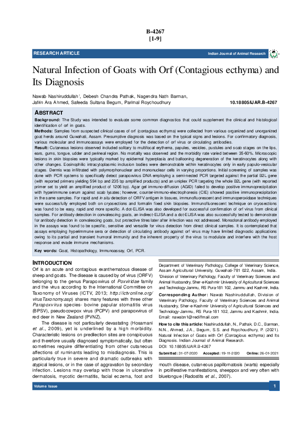 (PDF) Natural Infection of Goats with Orf (Contagious ecthyma) and Its ...