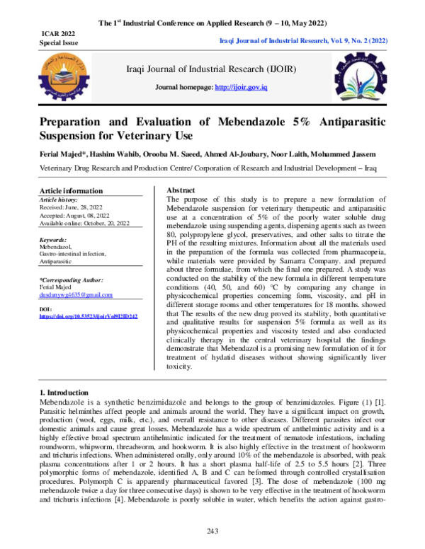 Pdf Preparation And Evaluation Of Mebendazole 5 Antiparasitic Suspension For Veterinary Use
