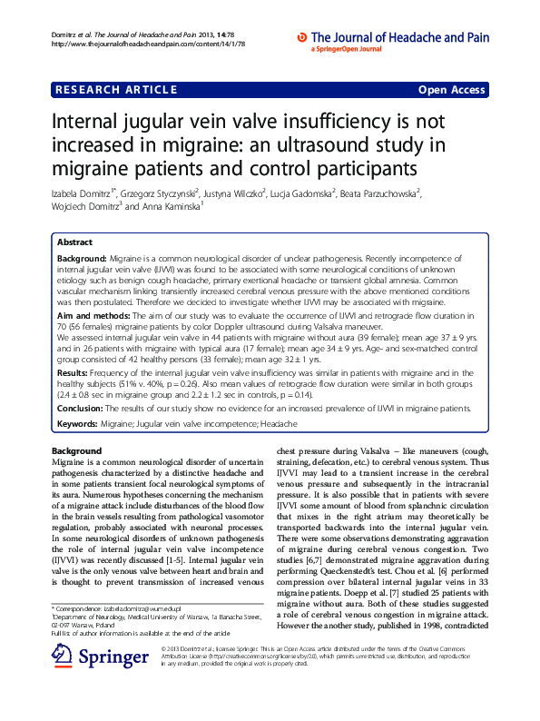 (PDF) Internal jugular vein valve insufficiency is not increased in migraine: an ultrasound ...