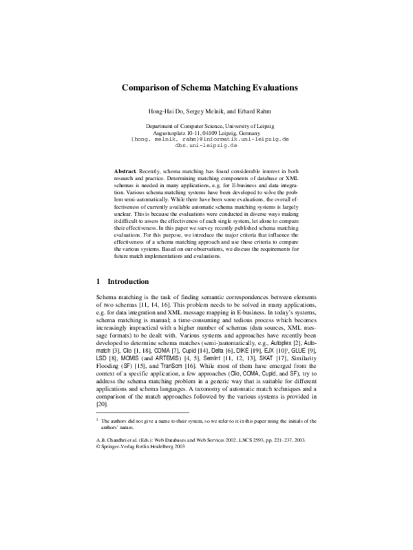 (PDF) Comparison of Schema Matching Evaluations