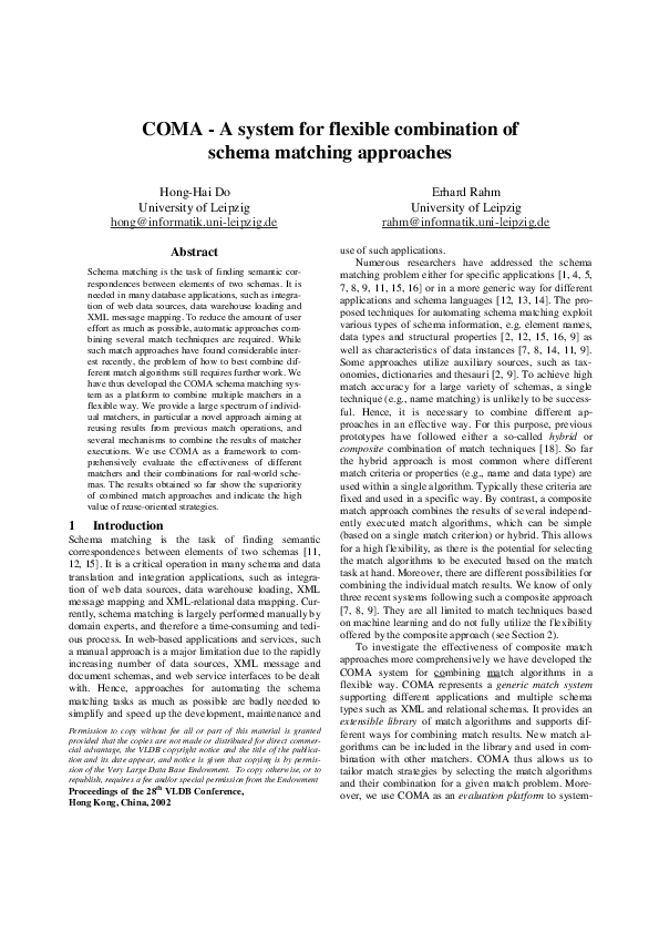 Pdf Coma — A System For Flexible Combination Of Schema Matching Approaches Hong Hanh Do