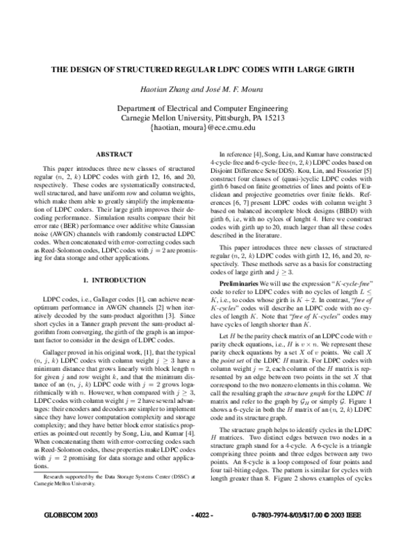 (PDF) The design of structured regular LDPC codes with large girth