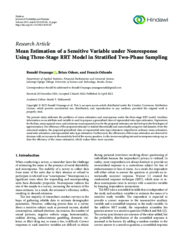 Pdf Mean Estimation Of A Sensitive Variable Under Nonresponse Using Three Stage Rrt Model In