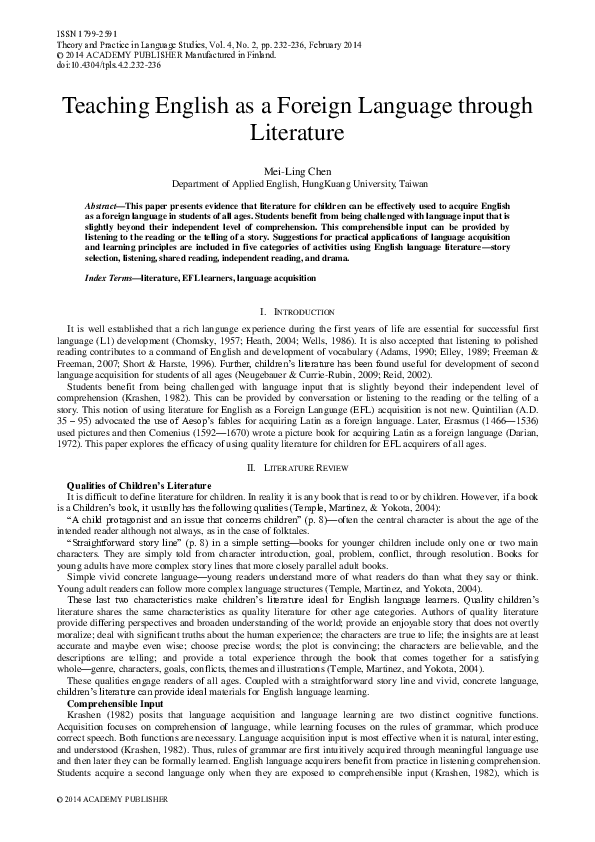 (PDF) Teaching English as a Foreign Language through Literature