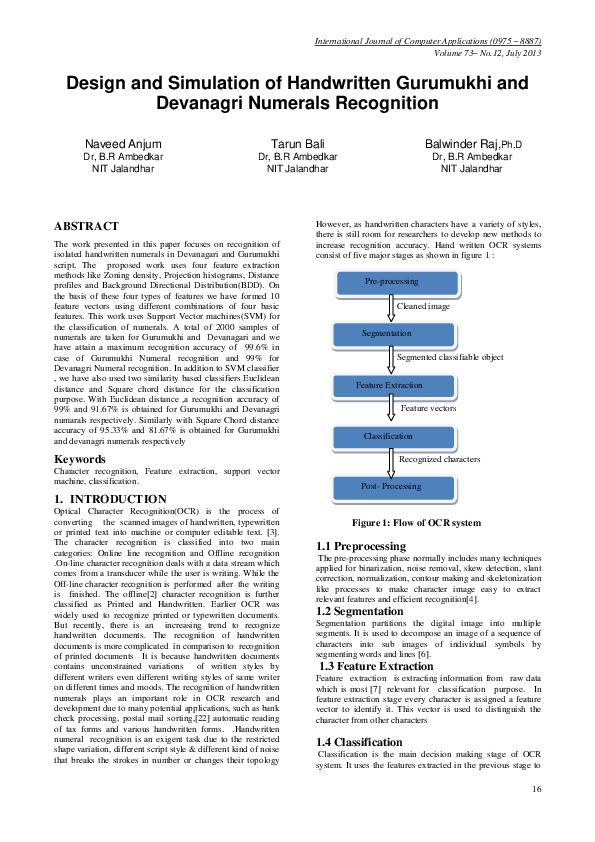 Pdf Design And Simulation Of Handwritten Gurumukhi And Devanagri Numerals Recognition