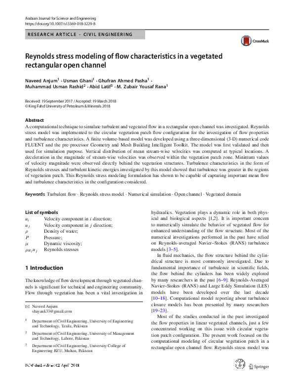 (PDF) Reynolds stress modeling of flow characteristics in a vegetated rectangular open channel