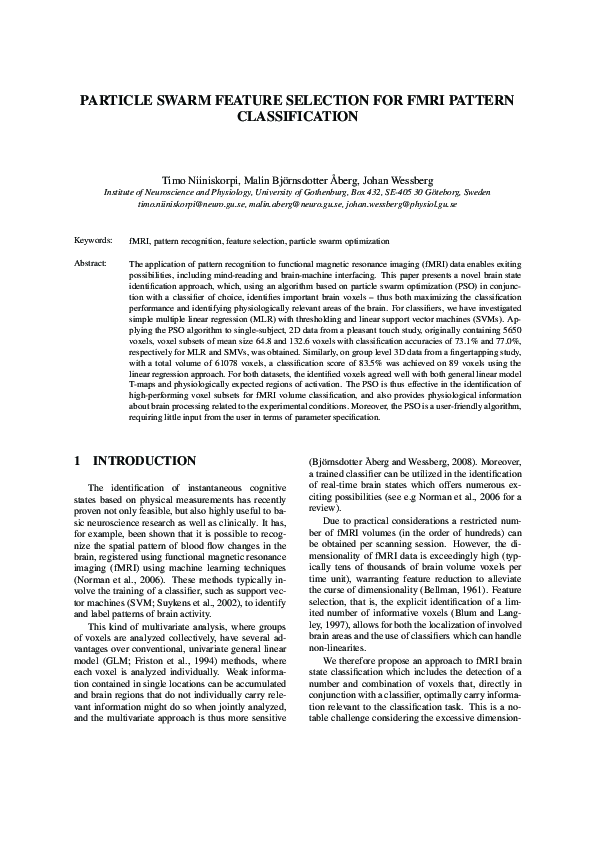 (PDF) Particle Swarm Feature Selection for Fmri Pattern Classification