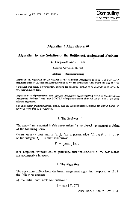 (PDF) Algorithm for the solution of the Bottleneck Assignment Problem (PDF) Algorithm for the solution of the Bottleneck Assignment Problem