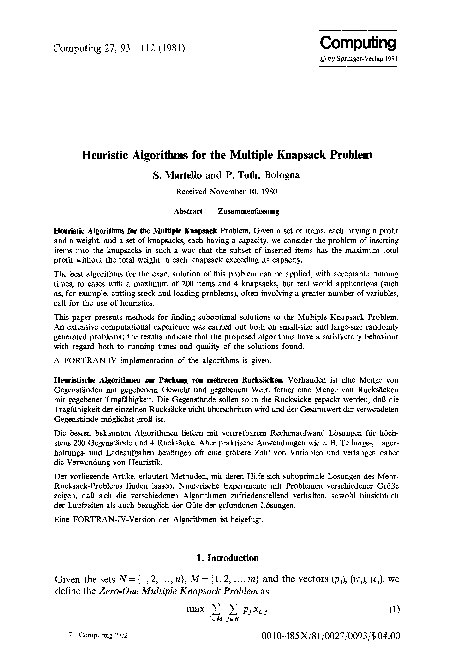 (PDF) Heuristic algorithms for the multiple knapsack problem