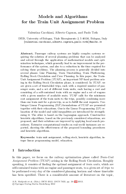 (PDF) Models and Algorithms for the Train Unit Assignment Problem | Paolo Toth - Academia.edu