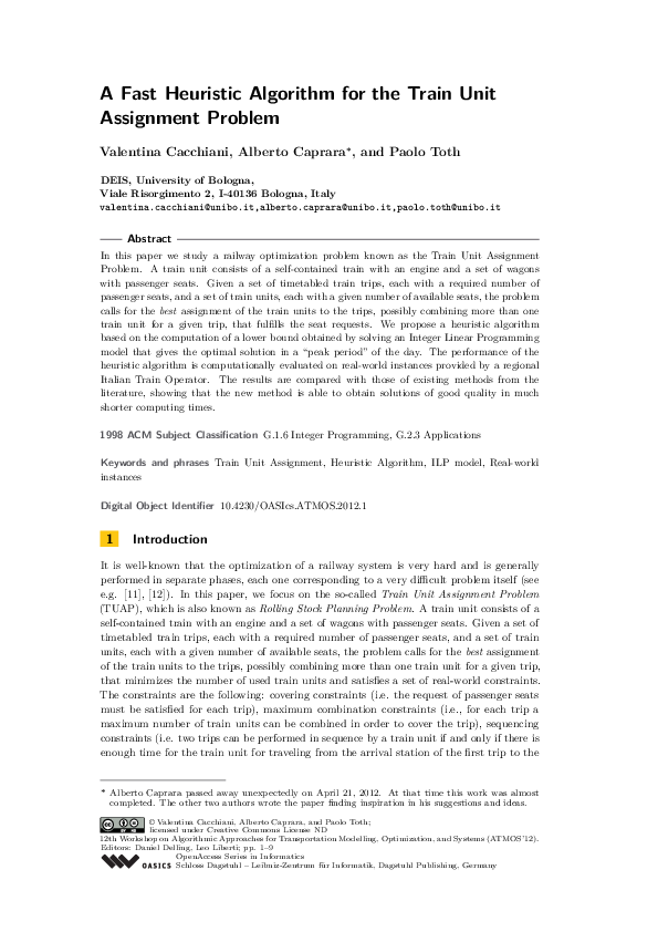 (PDF) A Fast Heuristic Algorithm for the Train Unit Assignment Problem