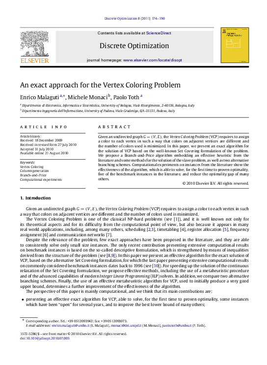 (PDF) An exact approach for the Vertex Coloring Problem