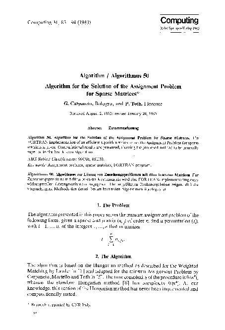 (PDF) Algorithm for the solution of the assignment problem for sparse matrices