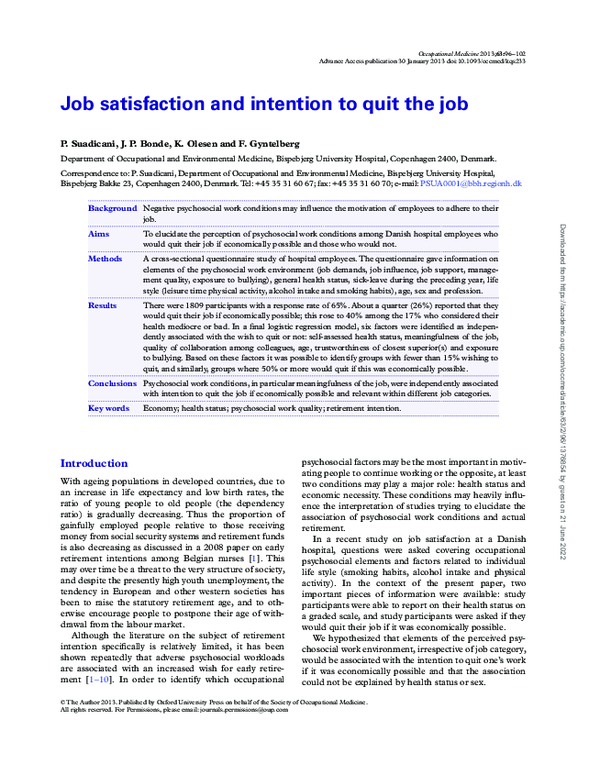 (PDF) Job satisfaction and intention to quit the job