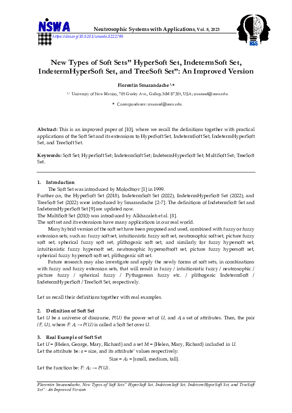 (PDF) New Types of Soft Sets: HyperSoft Set, IndetermSoft Set, IndetermHyperSoft Set, and ...