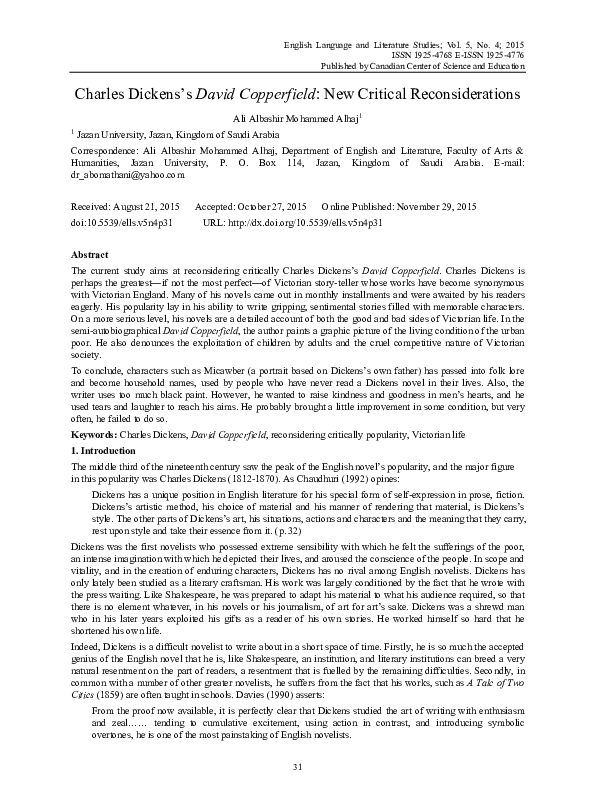 (PDF) Charles Dickens’s David Copperfield: New Critical Reconsiderations