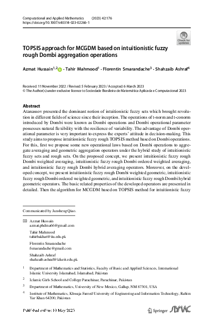 (PDF) TOPSIS approach for MCGDM based on intuitionistic fuzzy rough Dombi aggregation operations