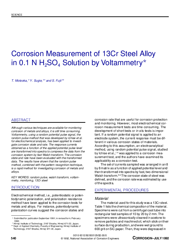 (PDF) Corrosion Measurement of 13Cr Steel Alloy in 0.1 N H2SO4Solution ...
