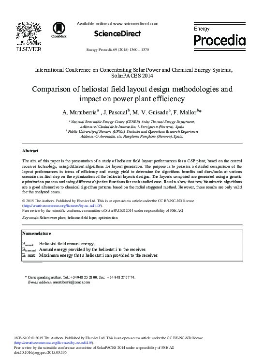 (PDF) Comparison of Heliostat Field Layout Design Methodologies and Impact on Power Plant Efficiency
